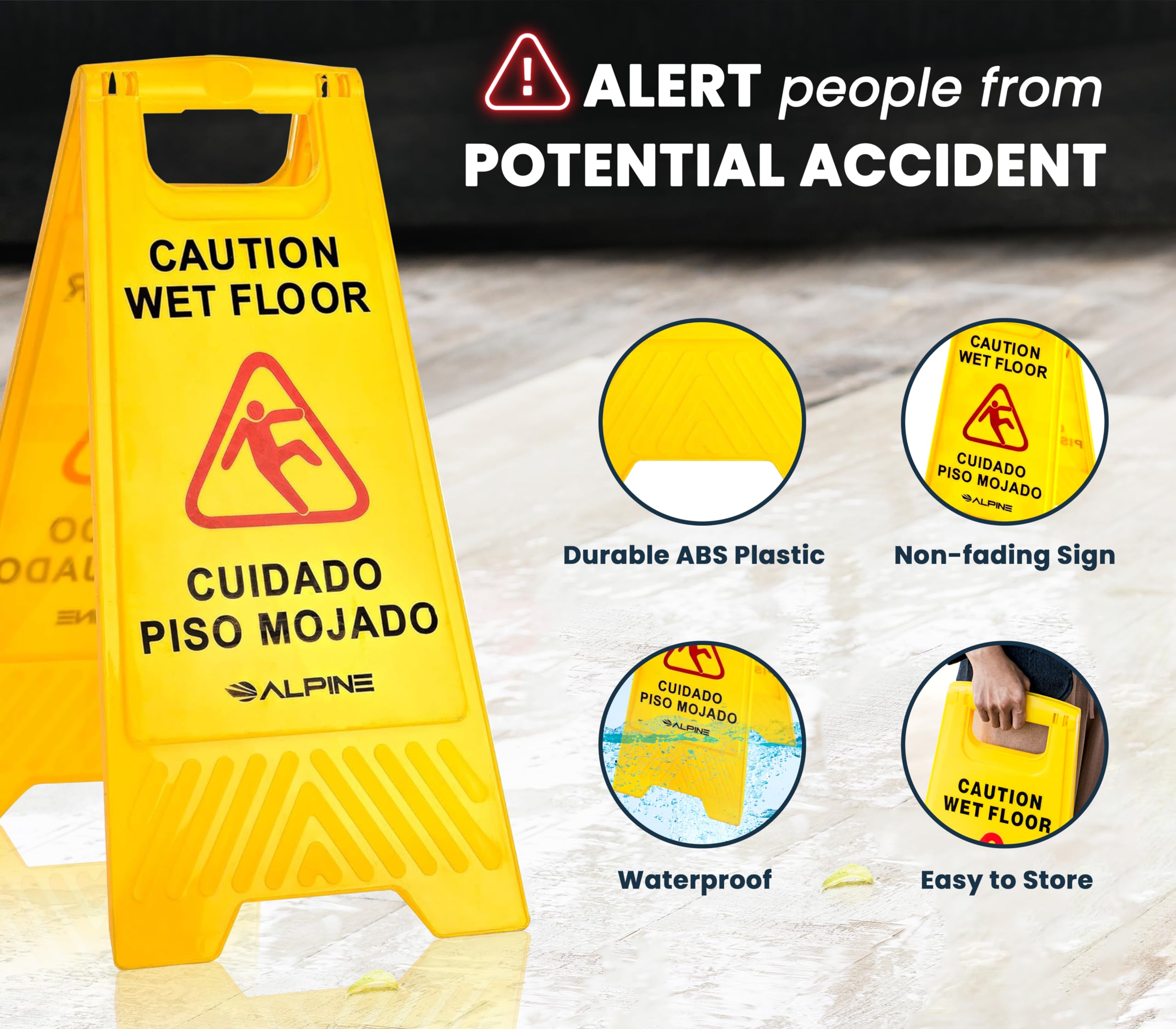 Alpine 24 Inch Caution Wet Floor Sign, High Visibility Yellow Caution Slippery When Wet Sign - Bilingual Safety Warning Sign to Easily Avoid Slippery Accidents in Businesses & High Traffic Areas
