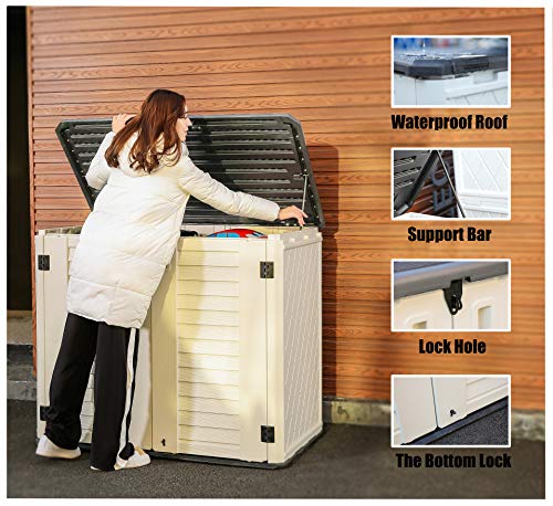 ADDOK Horizontal Storage Shed Weather Resistance, Large Outdoor Storage Cabinet Lockable, Thick HDEP Plastic Storage Unit for Backyards, Patio, Garden（27 Cu. ft/Ivory White