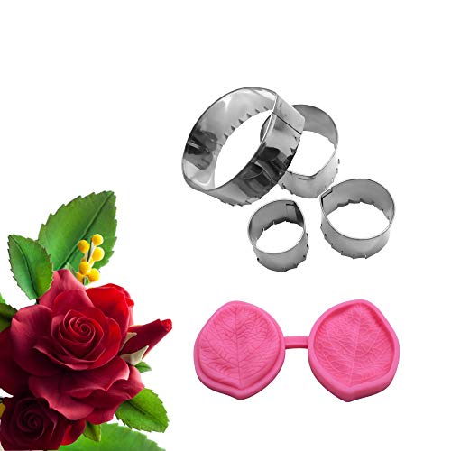 AK ART KITCHENWARE Fondant Leaf of Rose Silicone Veiner Molds Stainless Steel Cutters Set Sugarpaste Tools Cake Decorating Tools (Sawtooth Leaves)