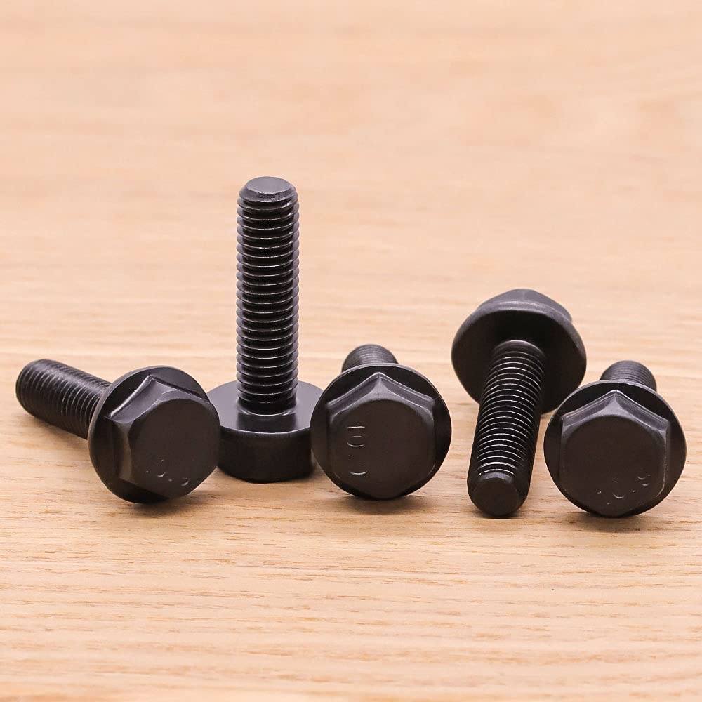 M10-1.5 x 20mm Flanged Hex Bolts Screws, 10.9 Grade Alloy Steel Hexagon Flange Bolts for Machinery Automotive, Black Oxide Finish, Full Thread, 10 PCS