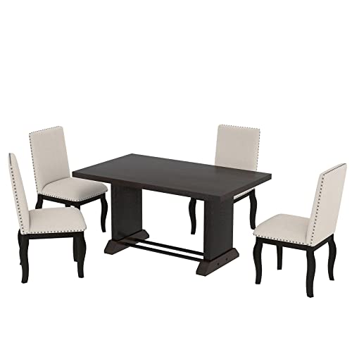 5-Piece Dining Table Set for 4, Breakfast Table Set Space Saving Solid Wood Chairs and Table Set for Apartment Dining Room with Rectangular Dining Table and 4 Upholstered Dining Chairs, Espresso