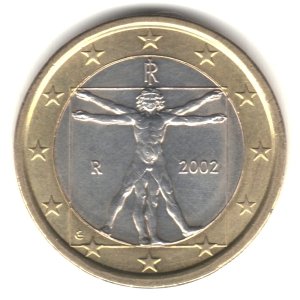 2002 Italy Bi-metallic 1 Euro Coin KM#216 - Leonardo da Vinci Vitruvian Man