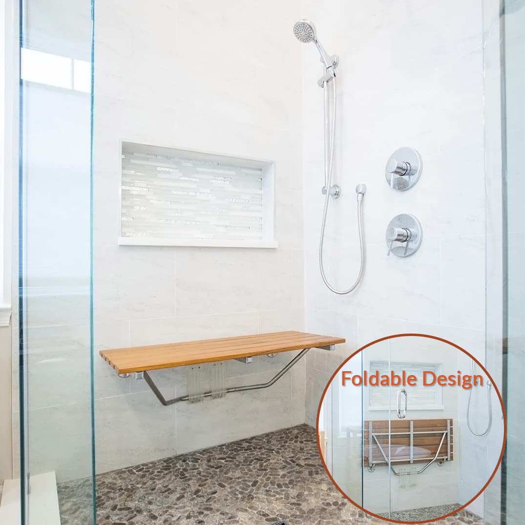 36" ADA Compliant Foldable Teak Wood Shower Seat Bench, 400lb Capacity, Clear Coated for Extra Protection, Folding Wall Mount Modern Chrome, Medical Fold Up Bathroom Stool Chair