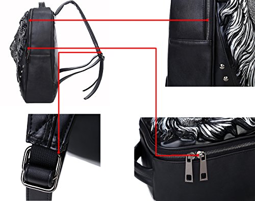 3D Animal Head Backpack, Studded PU Leather Cool Laptop Backpack College Bookbag (Lion-Gold) One Size