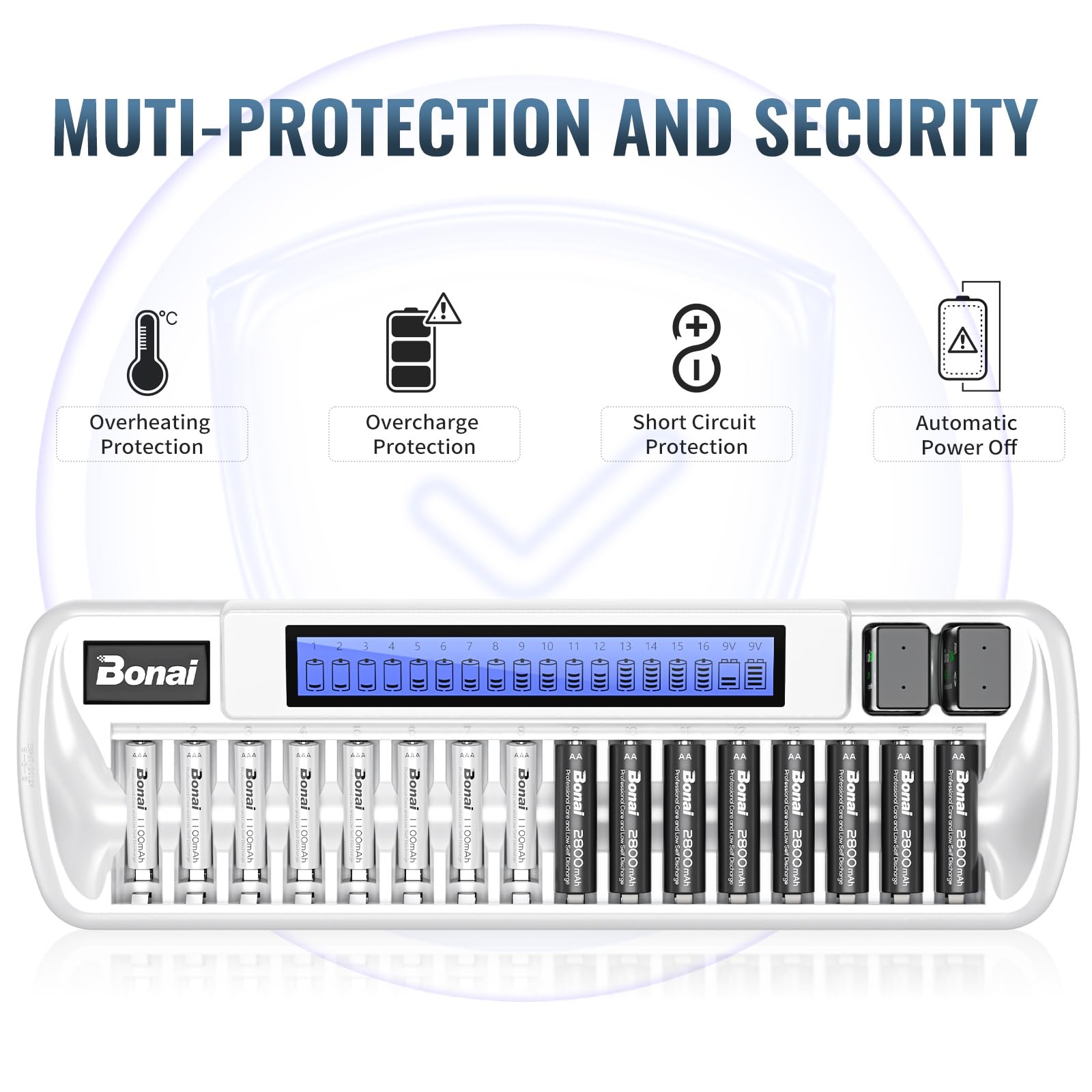 Bonai 16+2 Bay AA AAA 9V Battery Charger for NiMH NiCD Rechargeable Batteries Independent Control with Smart LCD Display and AC Wall Adapter, Battery not Included - White