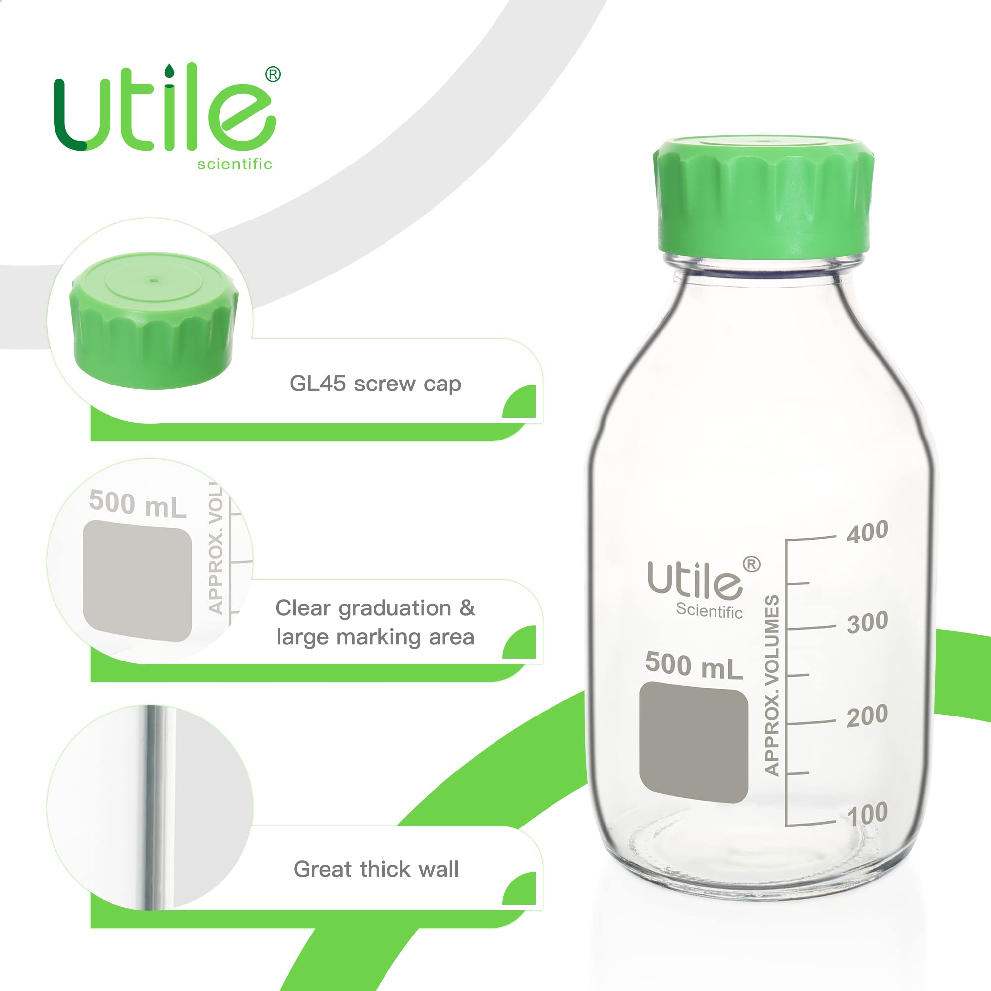 Utile Media Bottle, 3.3 Borosilicate Glass Bottles with GL45 Screw Caps, 4pcs of 500ml(16.9oz) Lab Media Bottles, PP Material Media Storage Bottle, 4038.0500.4