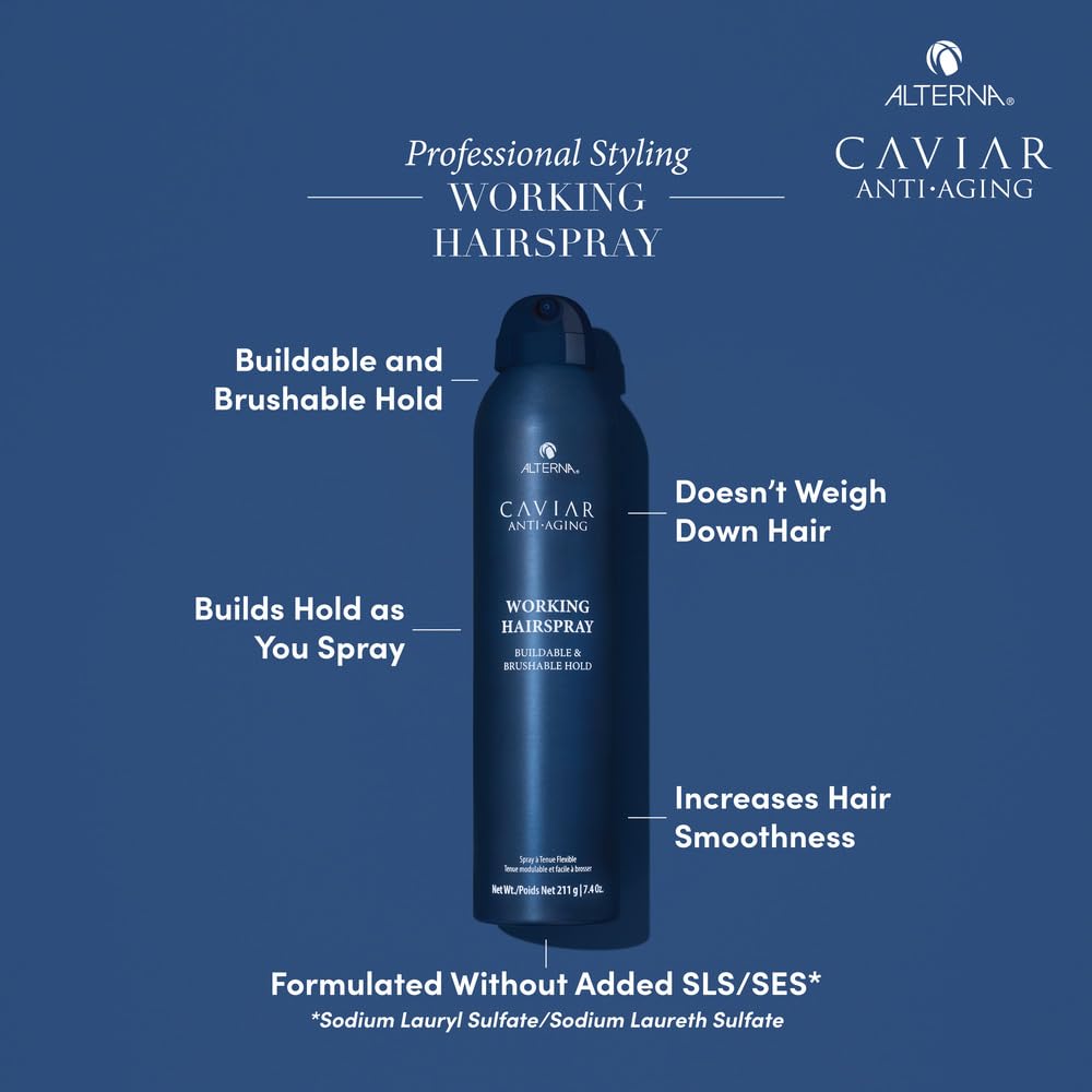 Alterna Caviar Anti-Aging Professional Styling Working Hair Spray | Ultra-dry, Brushable | Helps Control Frizz & Adds Shine | Sulfate Free | Nutmeg