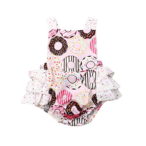 Lamuusaa Newborn Baby Girls Fly Sleeve Ruffled Romper Colorful Doughnut Bodysuit Jumpsuit Headband Summer Outfit 0-24M (6-12M, Pink)