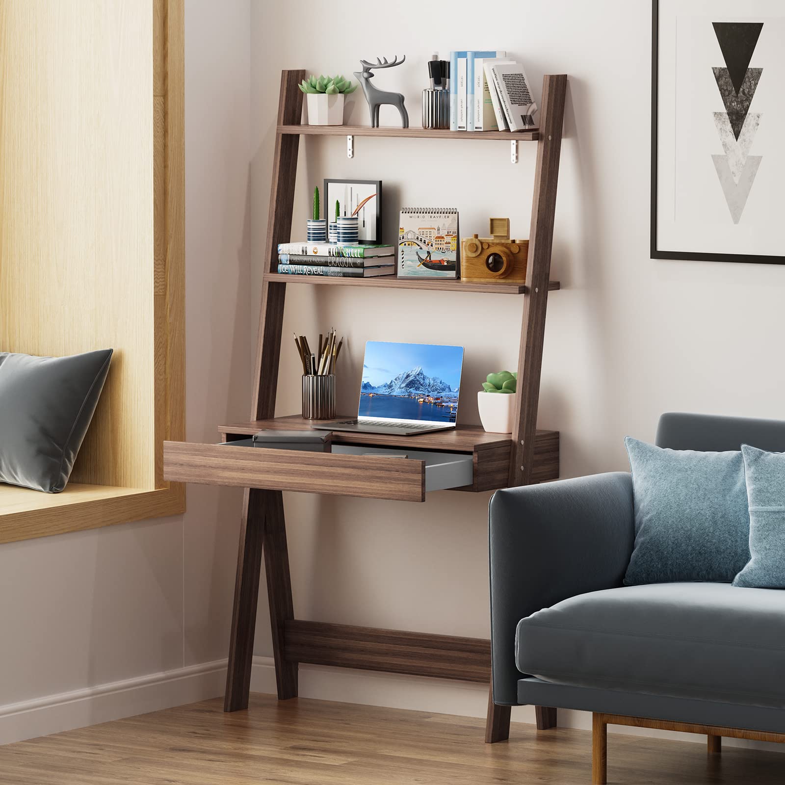 Giantex 3 Tier Ladder Desk with Drawer, 33" Width Walnut Ladder Shelf with Anti-Tipping Device, Freestanding Bookshelf, Leaning Computer Desk with Shelves for Small Space
