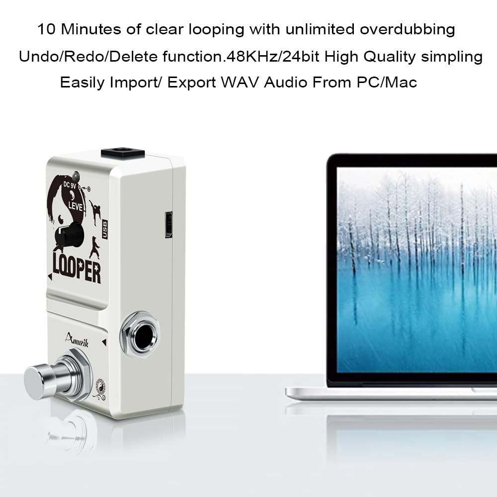 Amuzik Looper Electric Guitar Effect Loop Pedal 10 Minutes of Looping Unlimited Overdubs USB Port True Bypass