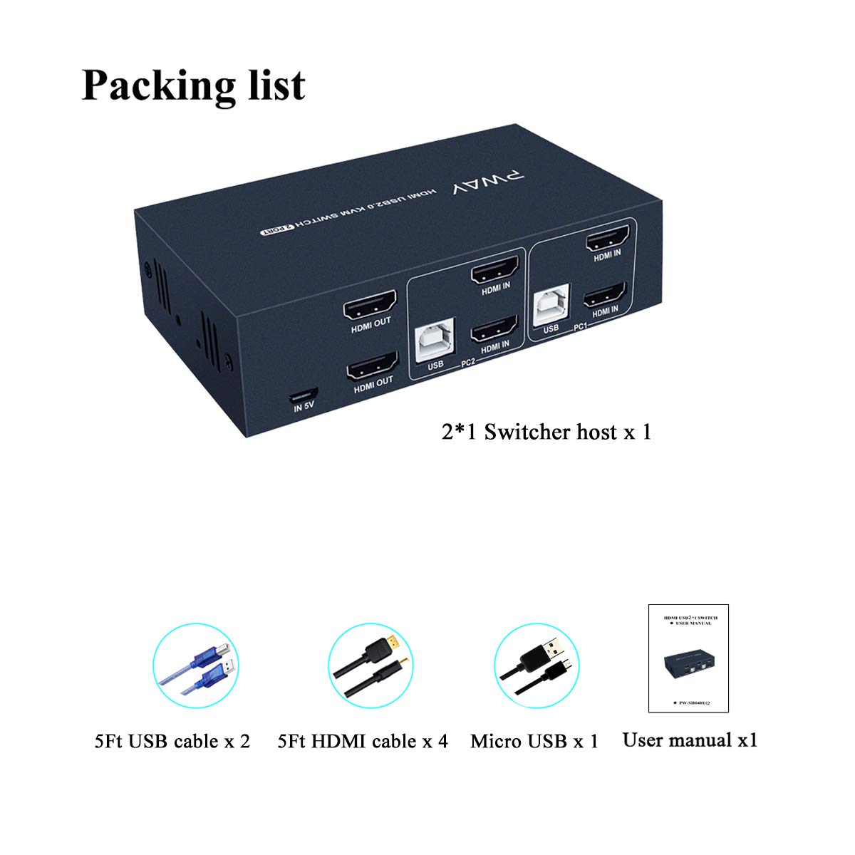 2 Port Dual Monitor KVM Switch HDMI 4K@30Hz, 2 USB 2.0 Hub, Supported Wireless Keyboard & Mouse and Hotkey Switch, No Power Adapter with 4 HDMI Cables
