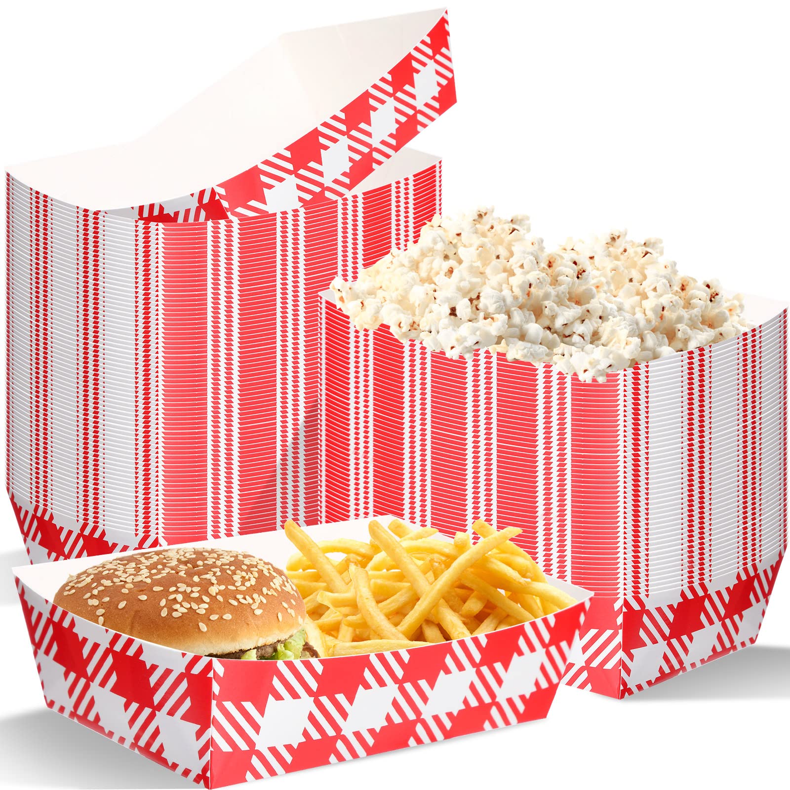 200 Pieces 2 lb Gingham Party Paper Food Trays Red Checkered Party Supplies Nacho Food Tray Snack Candy Holder Trays Disposable Serving Trays for Carnival Gingham Party Decorations Food Holder Trays