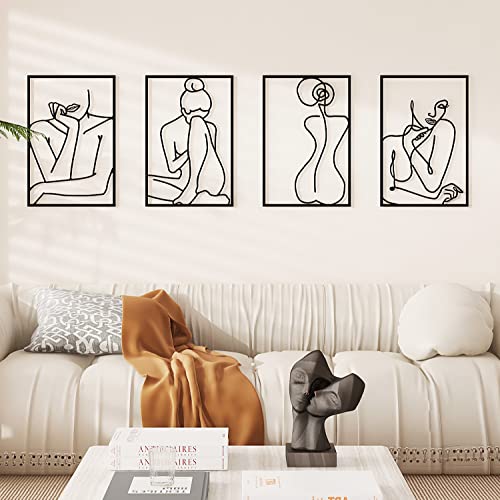 Black Wall Art Set 4, Black Metal Wall Decor Bedroom Wall Decor Modern Wall Decor Minimalist Wall Art 3D Abstract Single Line Art Wall Hanging Room Decor, Home Wall Sculptures Accent Decor for Living Room and Bath Room (18 x 12'')