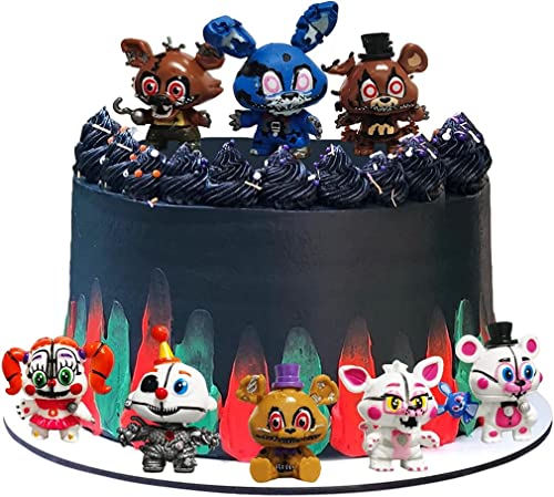 8 pcs Cake Toppers Gift for Kids, Freddy Five Nights Toys Cake Decorating, 2.3" - 3" with 50 PCS Waterproof Stickers for Party