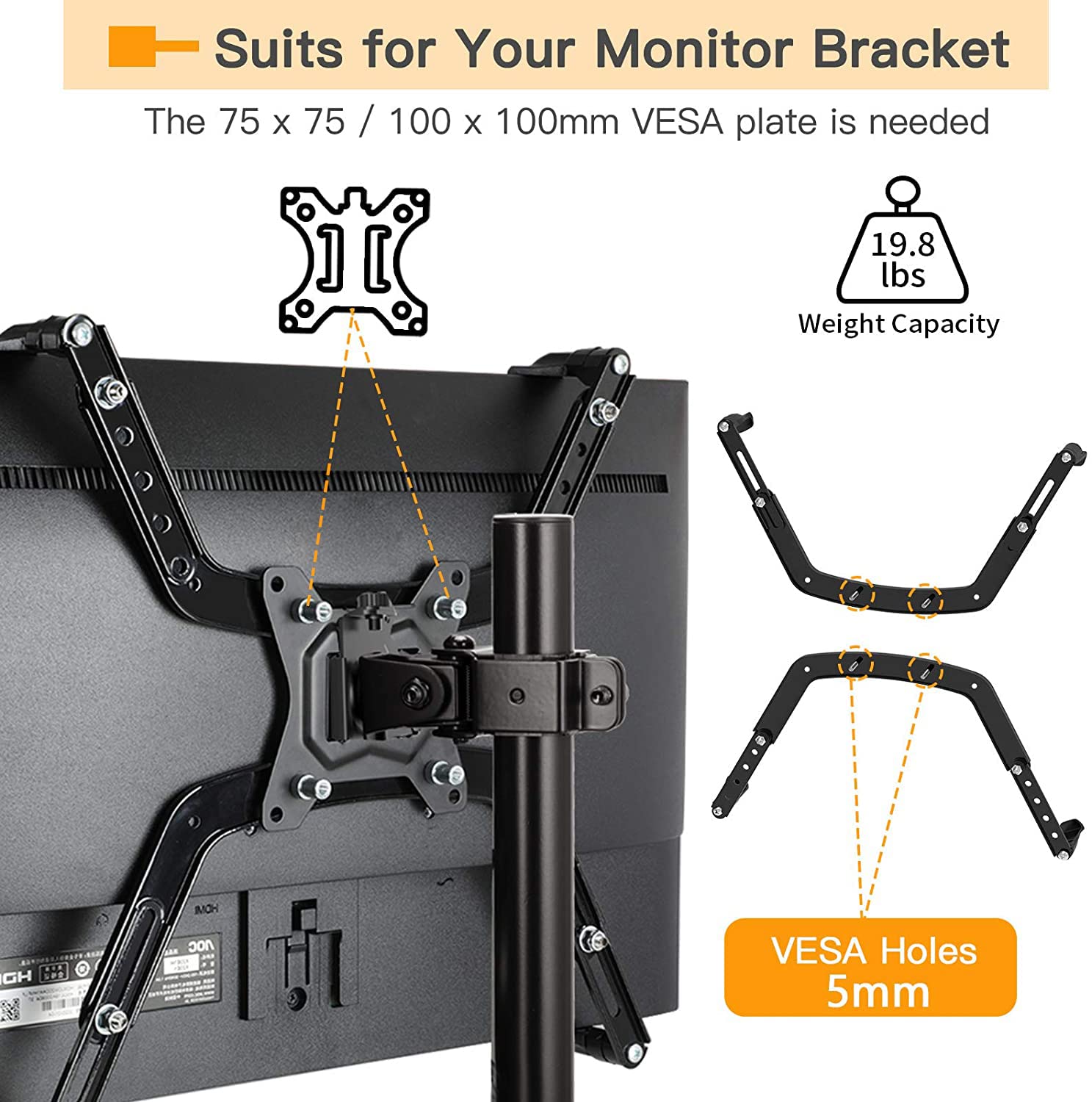 ErGear VESA Mount Adapter, Universal Non-VESA Monitor Stand Adapter for 17 to 27 Inch Screens, VESA Bracket 75x75 mm - EGMUA4