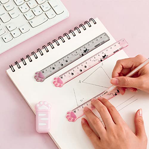AKOAK 2 Pieces (15 cm) Cute Cat's Paw Straighter Ruler, Plastic Clear Student Ruler, for DIY Drawing/Line Drawing/Measuring/School/Home/Office Supplies, Children's Gifts