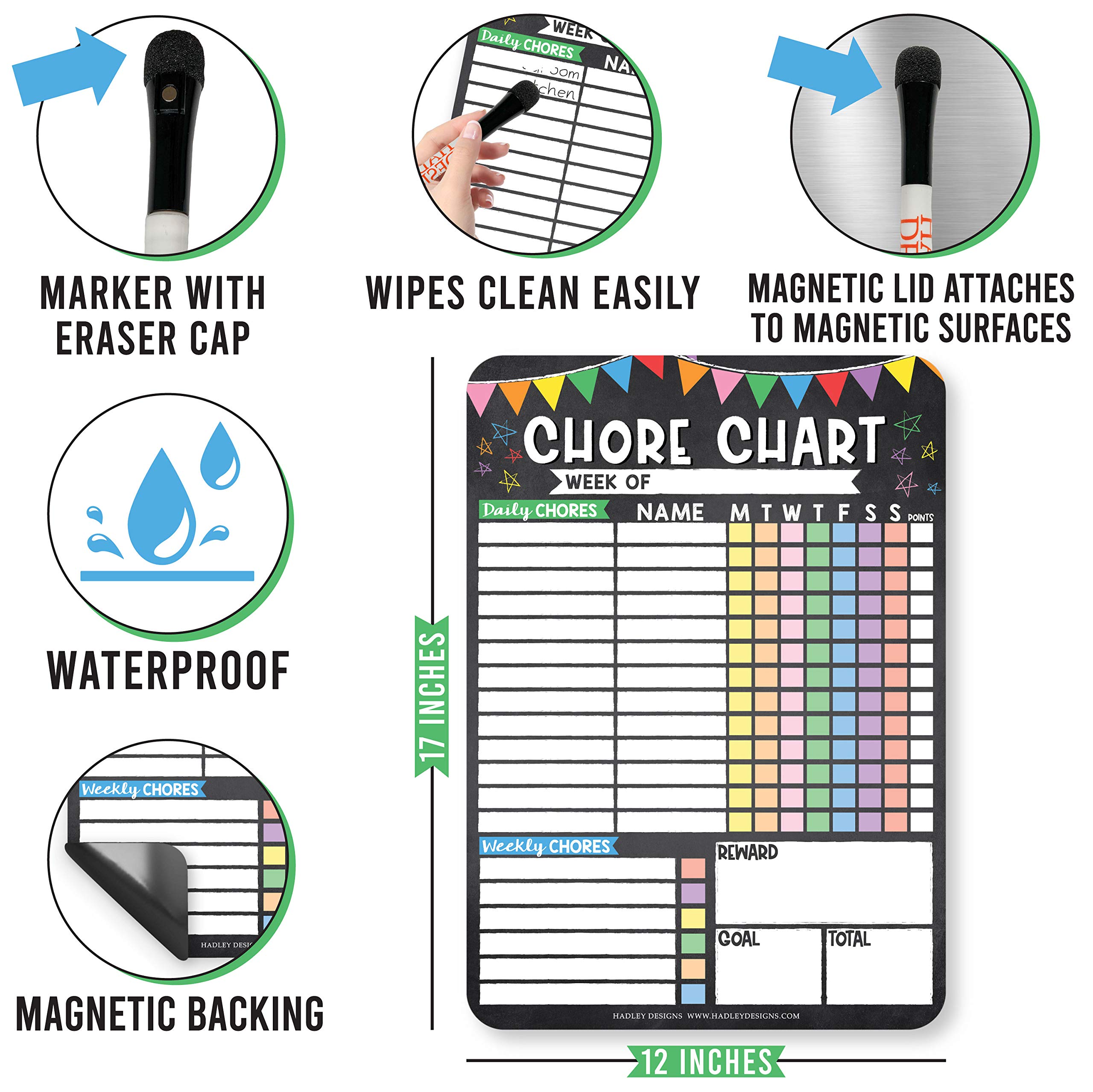 Hadley Designs Magnetic Chore Chart for Kids-12"x17" Reusable Dry Erase Responsibility Chart for Multiple Kids-Weekly Family Organizer with Reward System and Bonus Chore Guide
