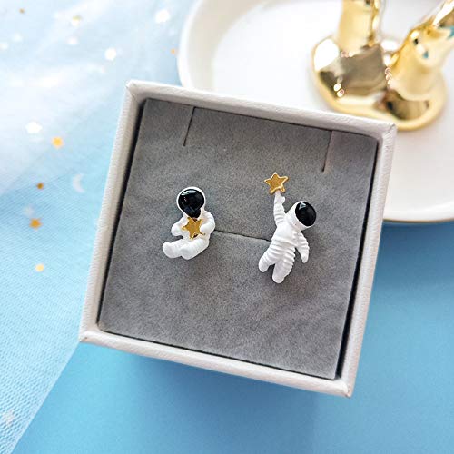 18K Gold Plated 3D Irregular White Astronauts Spaceman Golden Star Charm Stud Earrings