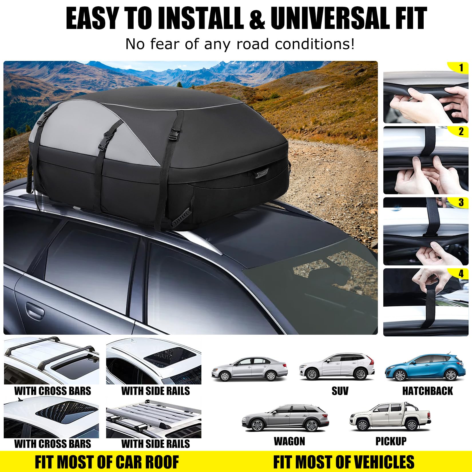 20 Cubic Car Rooftop Cargo Carrier Bag - Waterproof Heavy Duty Car Roof Bag for All Vehicle with/Without Racks - Easy to Install Soft Rooftop Luggage Carriers with Wide Straps