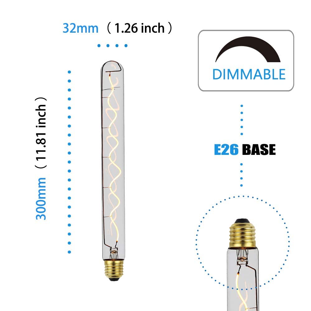 WOPARU Long Test Tube Spiral Vintage Edison Filament Light Bulb,T10/T32 Medium (E26) Standard Base E27,4W 2200K 240LM Dimmable LED Edison Bulb,40W Equivalent Warm White (Clear Glass)