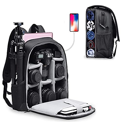 CADeN Camera Backpack Bag for DSLR/SLR Mirrorless Camera Waterproof with 14 inch Laptop Compartment, USB Charging Port, Tripod Holder, Rain Cover, Camera Case Compatible for Sony Canon Nikon Black
