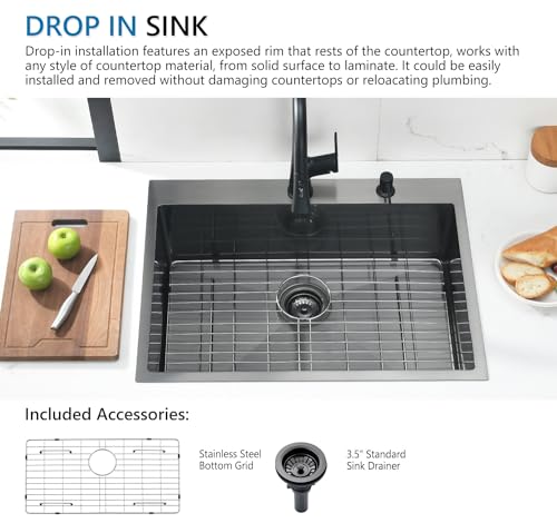 28 Inch Drop In Black Stainless Steel Kitchen Sink, Doirteal 28 x 22 x 10 Inch Matte Black Kitchen Sink 16 Gauge Stainless Steel Topmount Single Bowl Sink Single Basin with Bottom Grid