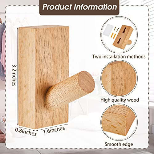 8 Pieces Wood Wall Hooks Hat Rack Decorative Wooden Coat Hooks Wall Mounted Heavy Duty Beech Coat Hangers for Wall Single Adhesive Backpack Hanger for Bathroom Hanging Hat Towel Key, Rectangle, 30lbs
