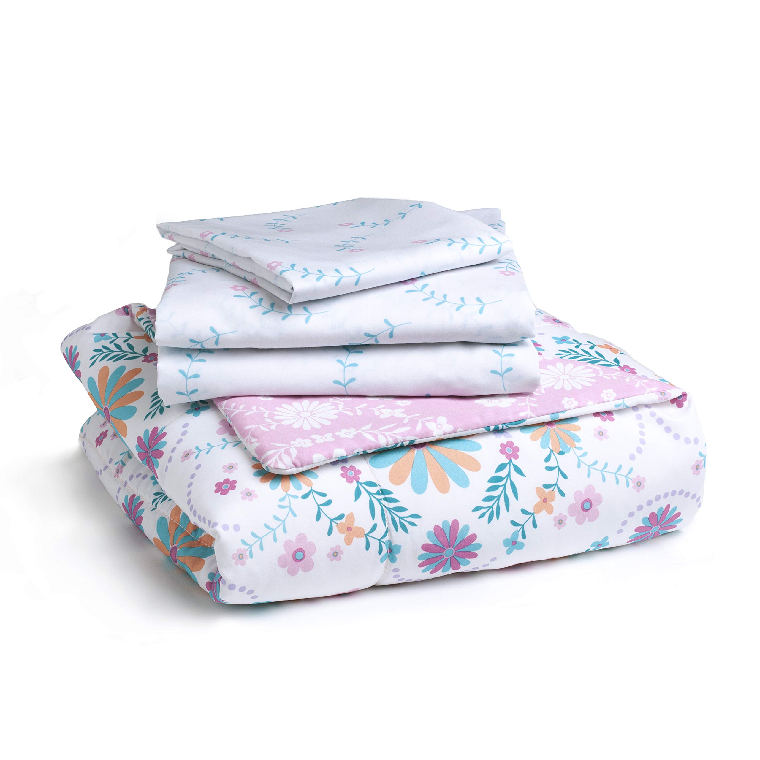 Delta Children Toddler Bedding Set | Girls 4 Piece Collection | Fitted Sheet, Flat Top Sheet w/Elastic Bottom, Fitted Comforter w/Elastic Bottom, Pillowcase, Bohemian | Pink/Multi