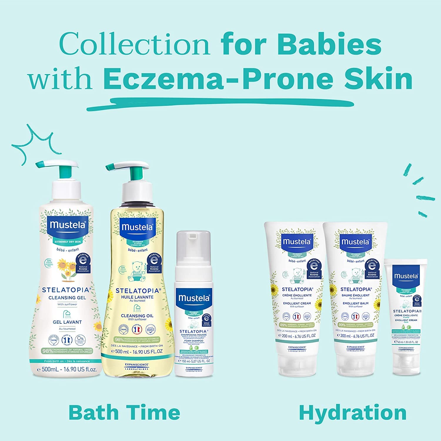 Mustela Stelatopia Eczema-Prone Skin Bath Time Gift Set - Baby Skin Care Essentials - with Natural Avocado & Sunflower Oil - 3 Items Set
