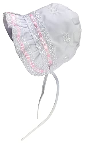 N'Ice Caps Baby Girls Bonnet White Lace Newborn Infant Toddler Sun Hat Special Occasion (White with Pink Ribbon, Newborn)