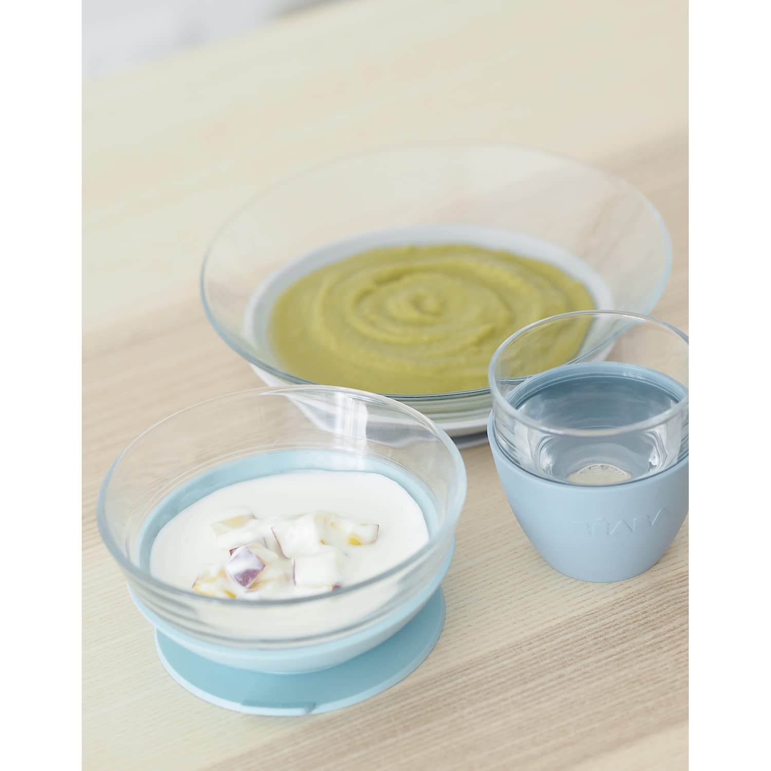 BEABA 3-Piece Duralex Glass Meal Set with Silicone Suction, Toddler Plate and Baby Bowls with Suction, Non Slip Kids Dinnerware Set, 2.5x Stronger than Regular Glass, (Rain)