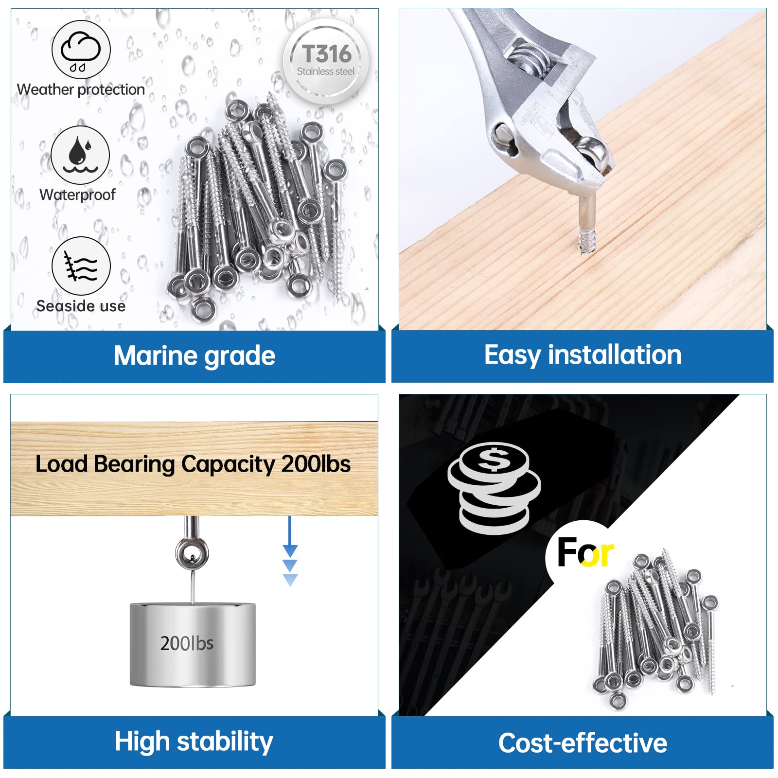 Muzata 12Pack 2.9Inch M6 Screw Eye Hook Wood Screws Metal Hook T316 Stainless Steel for Wood Securing Cable Wire Terminal Ring Eyelet Stand Self Tapping Eye Bolt Indoor Outdoor CN07 HN1