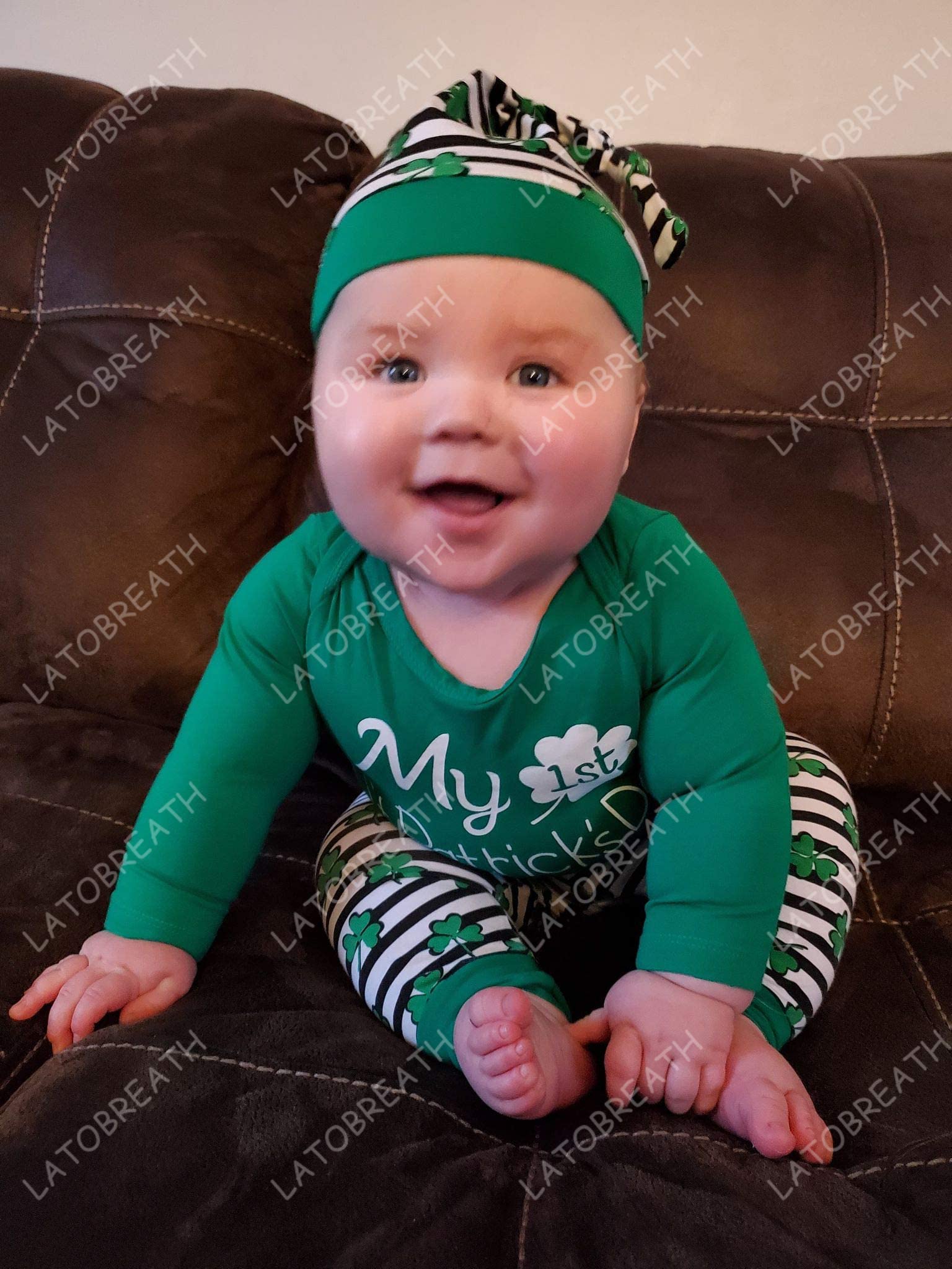 My First St Patrick's Day Lucky Clover Outift Set Baby Boys Girls Stripe Pant Set with Hat (Green, 0-3 Months)