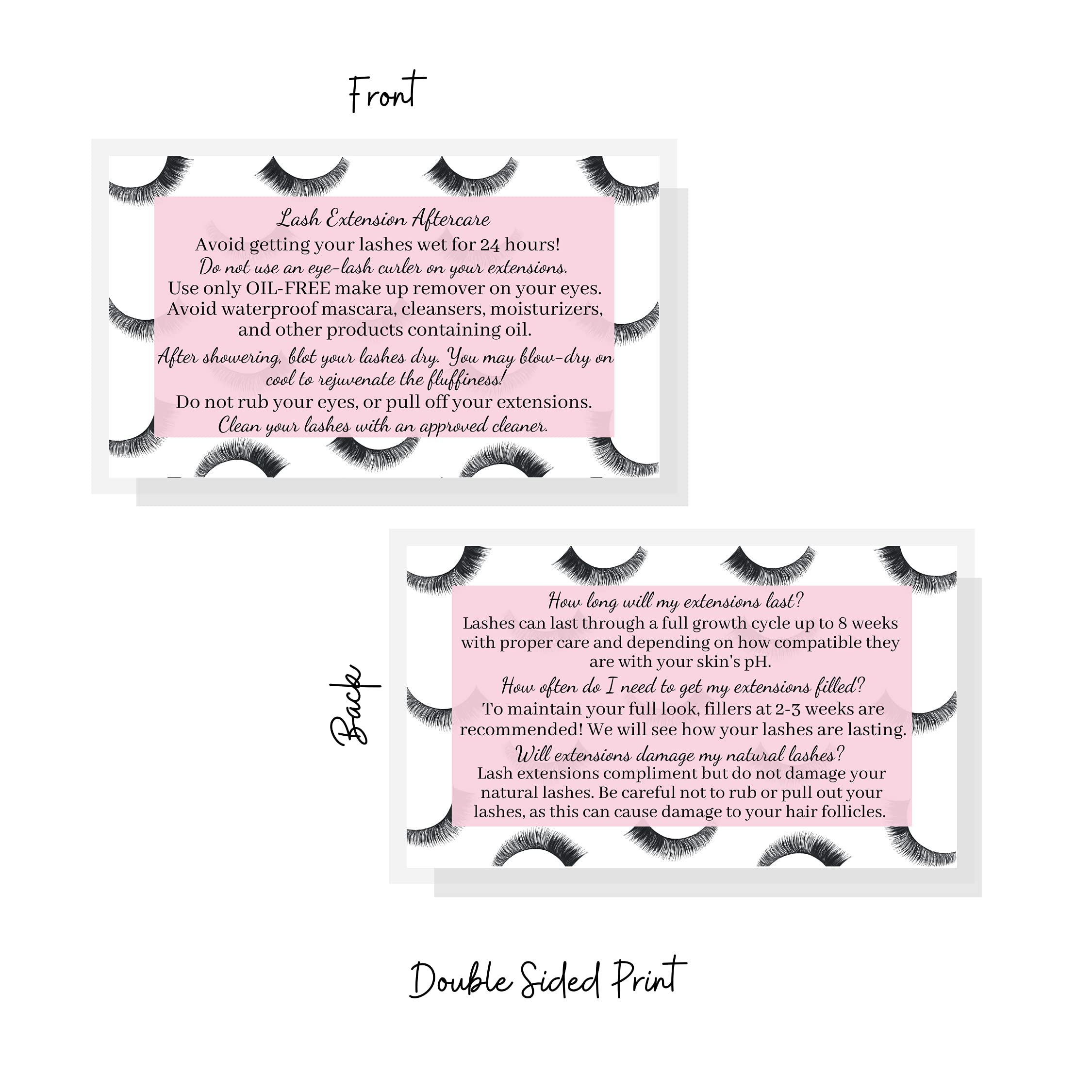 Lash Extension Aftercare Cards | 50 Pack | Eyelash Extension Supplies | Lash Print & Pink Design | Size 3.5 x 2" inches | After Care (2-3 Week Fillers)