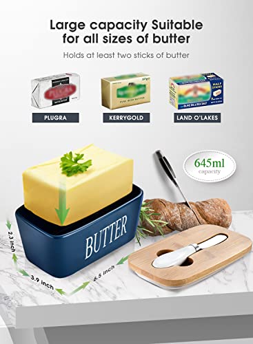 AISBUGUR Large Butter Dish with Lid Ceramics Butter Keeper Container with Knife and High- quality Silicone Sealing Butter Dishes with Covers Good Kitchen Gift Blue