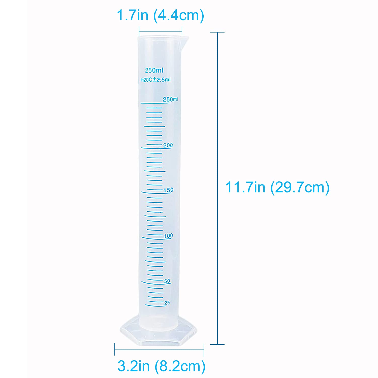6Pack Plastic Graduated Cylinder 250 ml Transparent Measuring Cylinder Set, Science Measuring Test Tube Flask, Graduated Cylinder Beaker with 2-Sided Marking & Pour Spout for Home and School Science