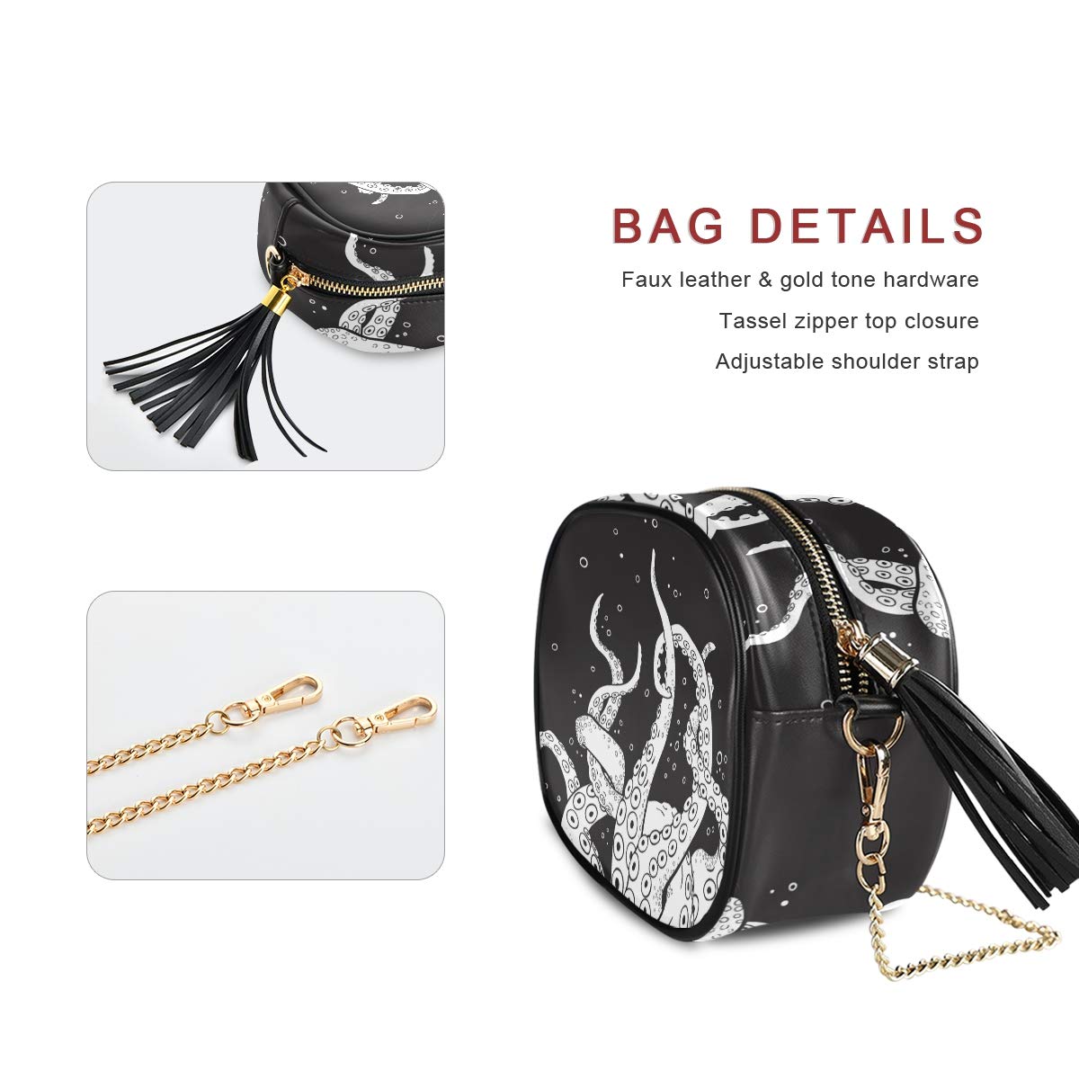 ALAZA Women's Octopus Tentacles on Black Cross Body Bag Chain Shoulder Handbag Purse with Tassel