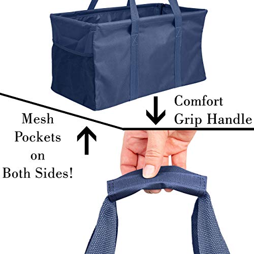 Lucazzi Extra Large Utility Tote Bag - Oversized Collapsible Reusable Wire Frame Rectangular Canvas Basket With Two Exterior Pockets For Beach, Pool, Laundry, Car Trunk, Storage - Navy Blue