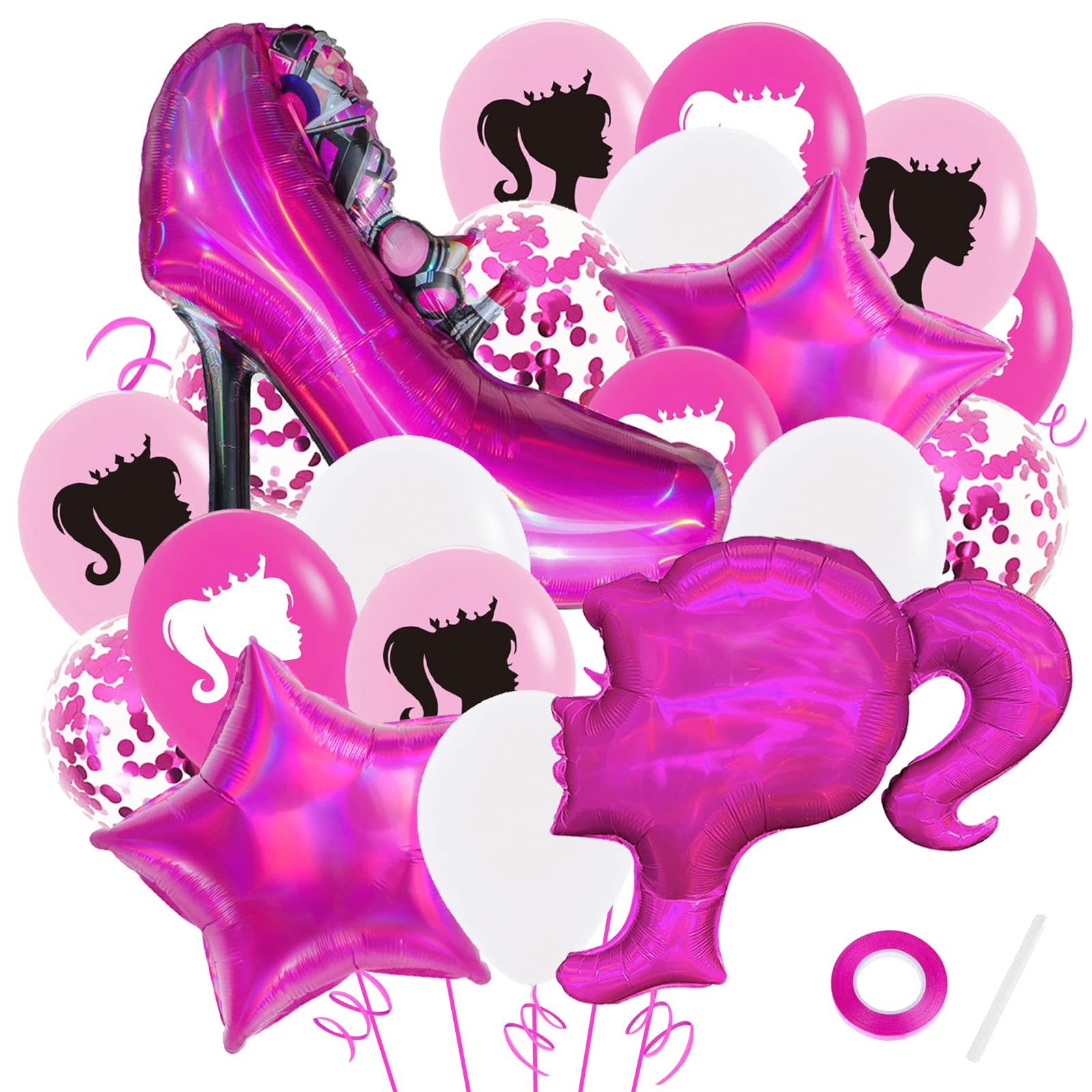 20 PCS Pink Girl Party Balloons,Hot Pink Party Decorations,Girl Cartoon Style Birthday Helium Balloons,High Heels Party Supplies,Makeup Theme Party Decoration Set for Makeup Party