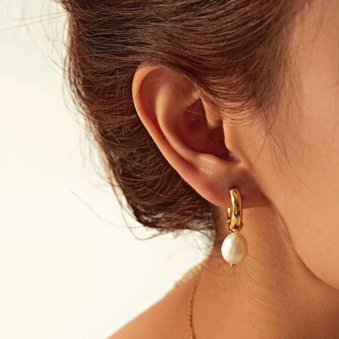 18K Gold Plated Freshwater Pearl Hoop Durable Earring for Women Waterproof and Tarnishfree
