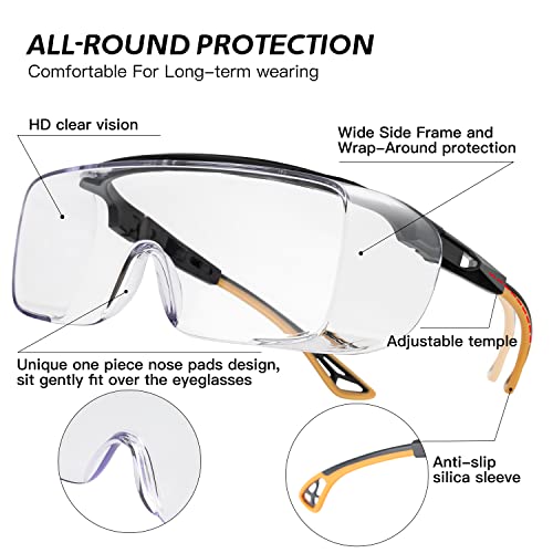 MALYHO Anti Fog Safety Glasses Safety Goggles Over Glasses Protective Glasses Clear Lenses,Adjustable Frame And Temples