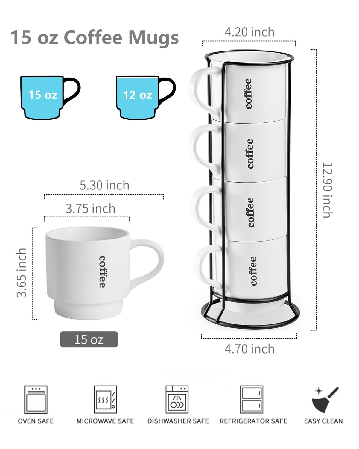 LAUCHUH Coffee Mugs Set of 4, 15 Ounce Stackable Coffee Mugs with Rack Latte Cup Porcelain Mugs for Coffee, Tea, Hot Cocoa, Milk, Dishwasher & Microwave Safe for Christmas, White