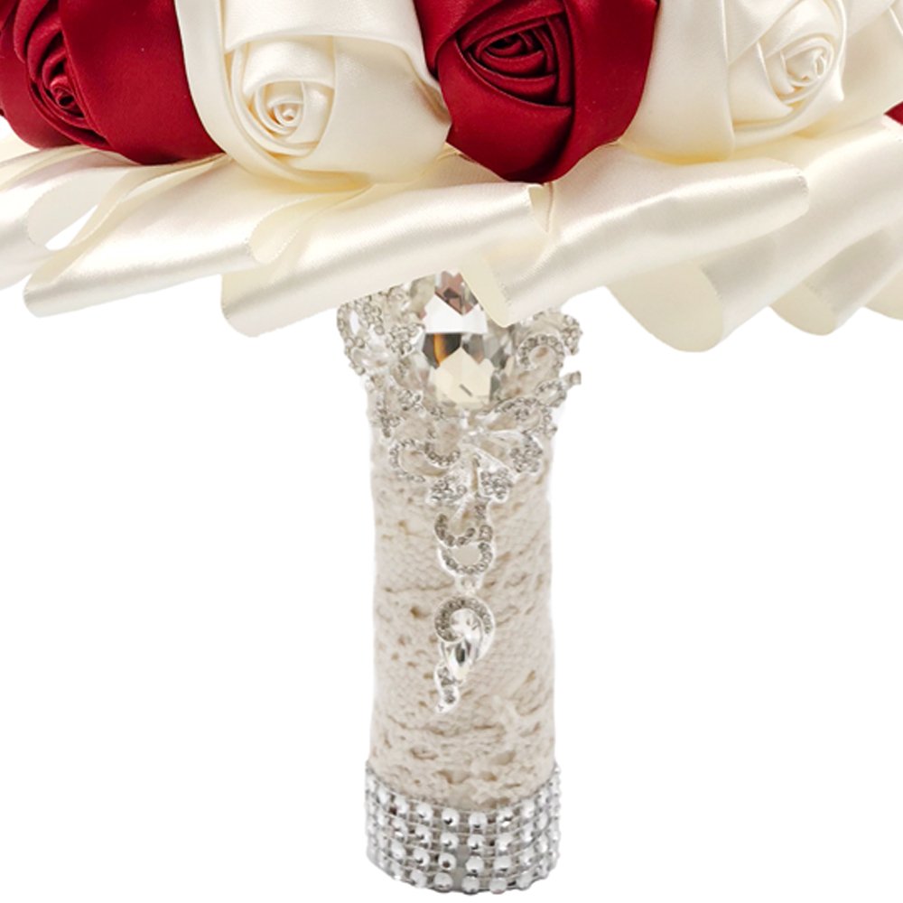Abbie Home 8 Inches Bride Wedding Bouquet in Burgundy - White Satin Roses with Pearls Rhinestone Brooches Accessories (Burgundy&White)