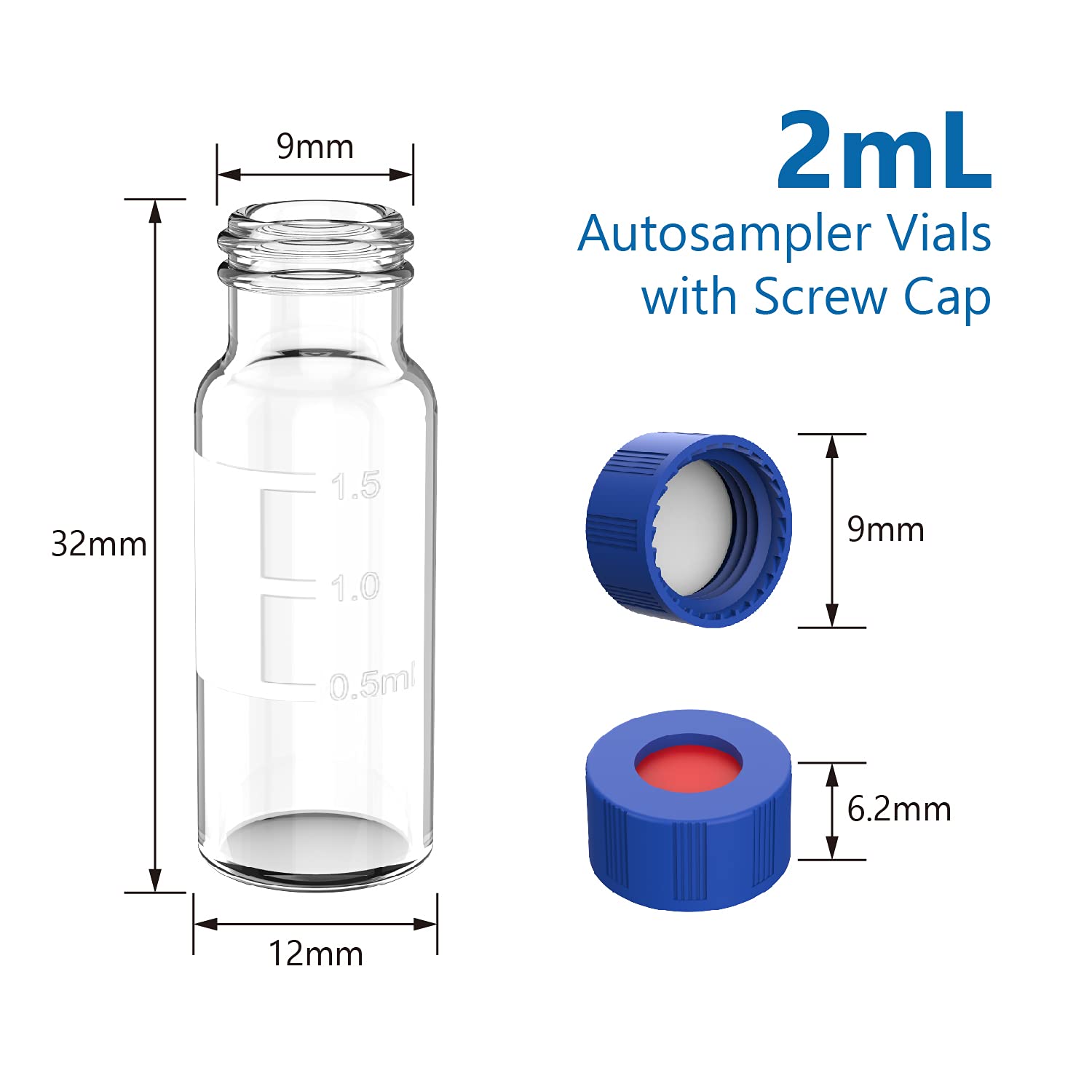 2mL Autosampler Vials with Caps, Lab Amber Vial 1000 PCS, 9-425 HPLC Vials with Blue Screw Caps, Writing Patch, Graduation, Red PTFE & White Silicone