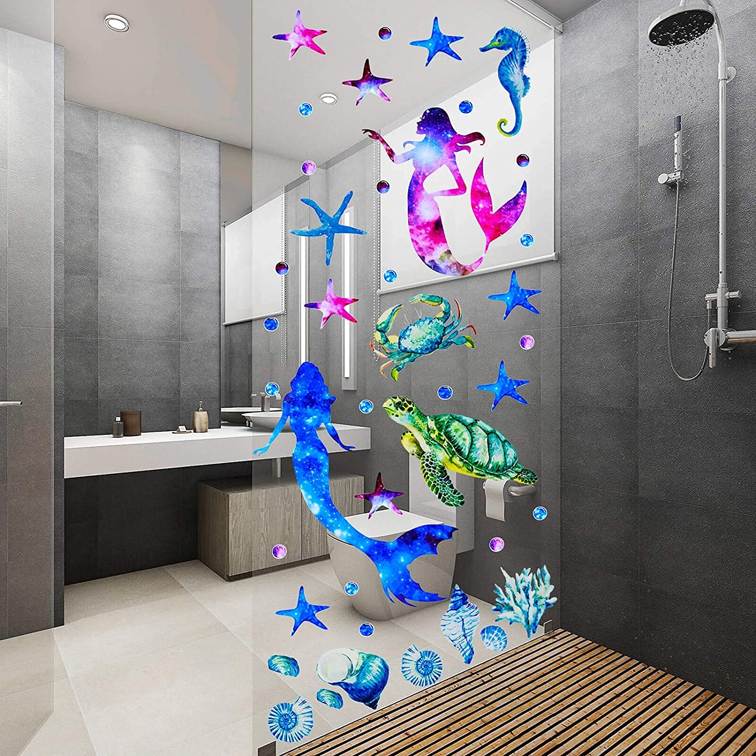 Mermaid Wall Decals, 2 Sheets Removable Mermaid Wall Stickers for Bedroom, The Sea Mermaid Wall Decals Ocean Mermaid Turtle Wall Stickers Bathroom Kids Bedroom