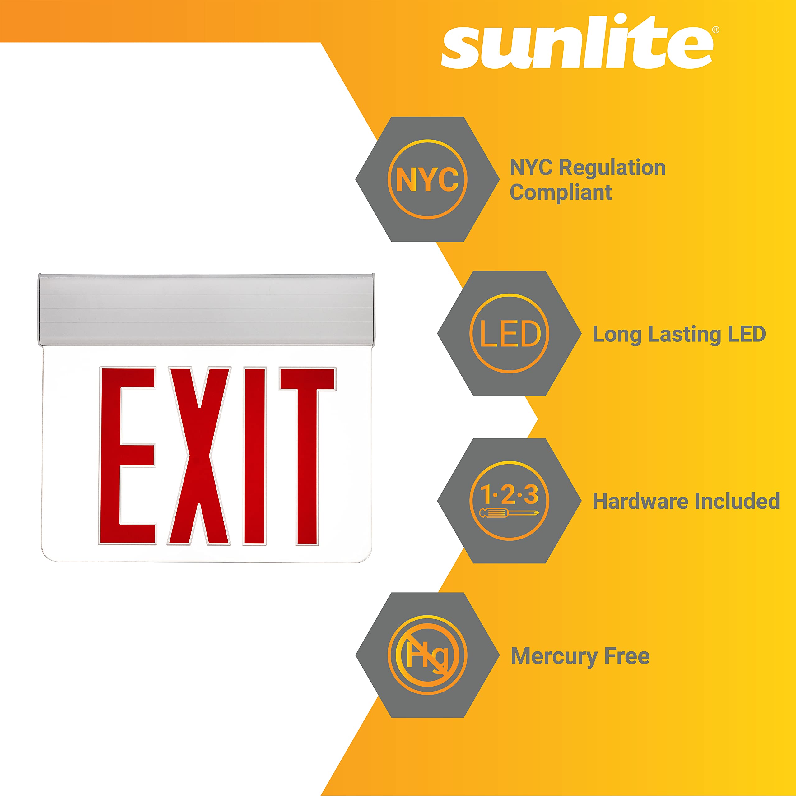 Sunlite 05277 LED Edge Lit Exit Sign, Clear Panel with Etched Bright Red Lettering, 90-Min Battery Power Back-Up, Dual Voltage 120-277V, Universal Mounting, Long Lasting, Fire Safety, NYC Compliant