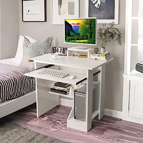ALISENED Home Office Computer Desk with Monitor Stand Keyboard Tray, 29.5 Inch Study Writing Desk Small PC Laptop Table with Storage Shelves, Modern Workstation for Small Spaces Save Space