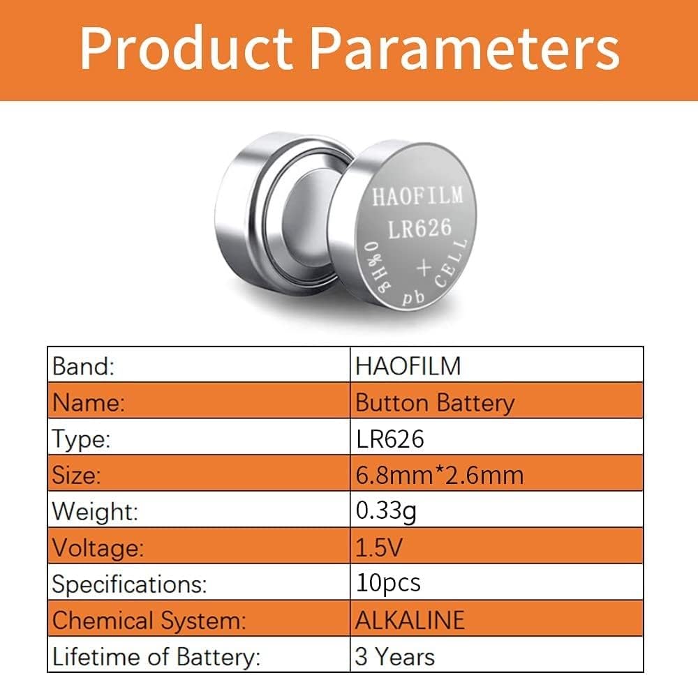 HAOFILM LR626 SR626SW 377 376 LR626 AG4 Premium Alkaline Battery,1.5V Round Button Coin Cell Batteries (10 Pack)