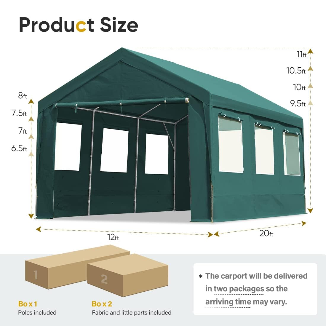 ADVANCE OUTDOOR 12x20 ft Heavy Duty Adjustable Carport with 6 Roll-up Ventilated Windows & Removable Sidewalls Car Canopy Garage Boat Shelter Party Tent, Peak Height from 9.5ft to 11ft, Green