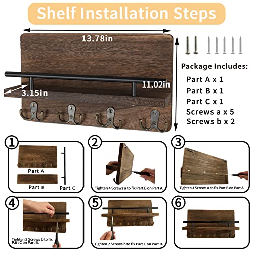 AIVIIN Key Holder for Wall Mail Organizer Wall Mount with 4 Double Key Hooks, Mail Holder Wall Mount with Shelf, Rustic Home Decor for Entryway Mudroom Hallway Office (13.78β X 11.02β X 3.15β) (Brown)